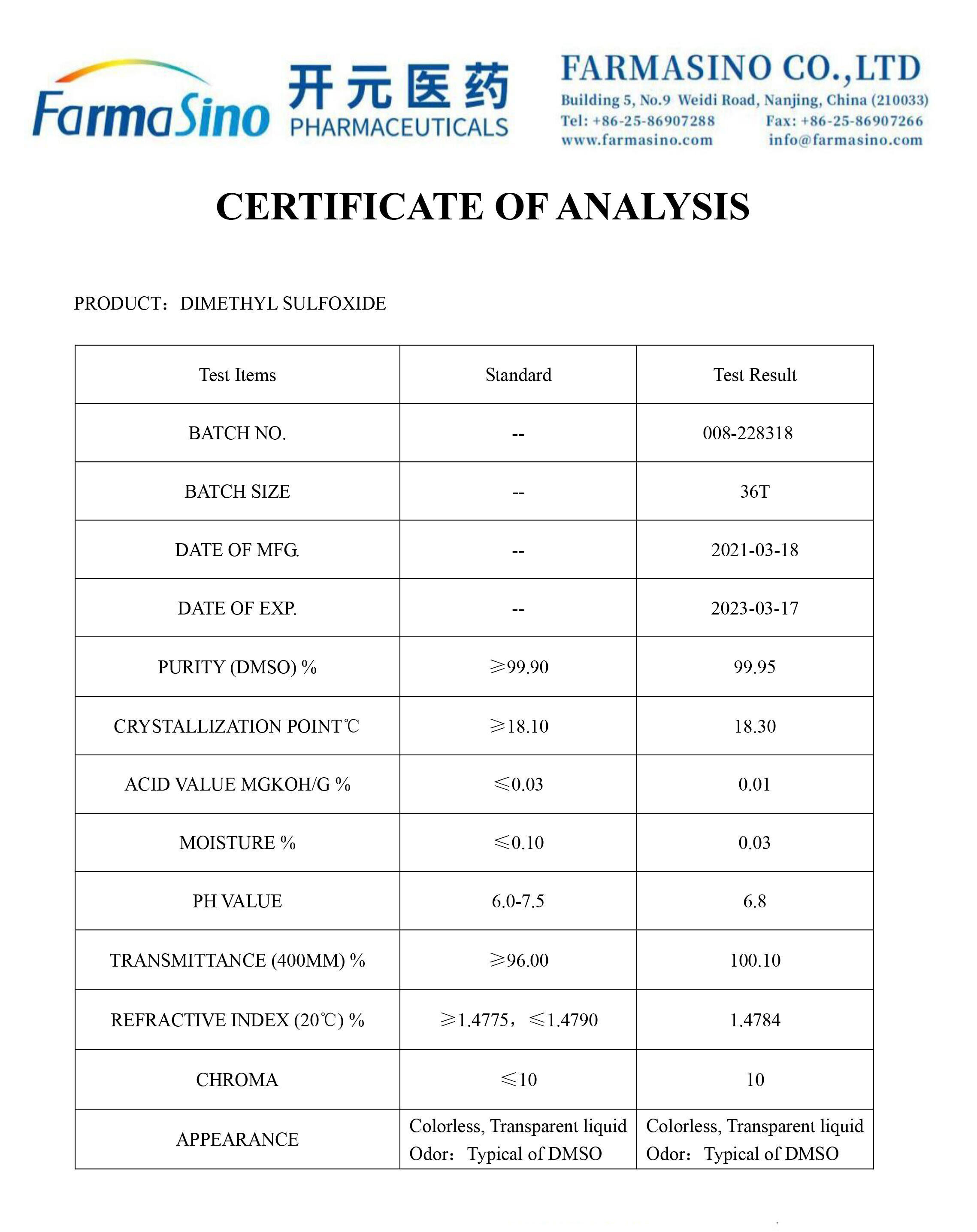 Buy dimethyl sulfoxide dmso 99.9% White transparent liquid Farmasino ...